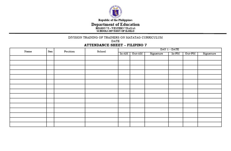 Attendance Sheet for Filipino 7 Training | PDF