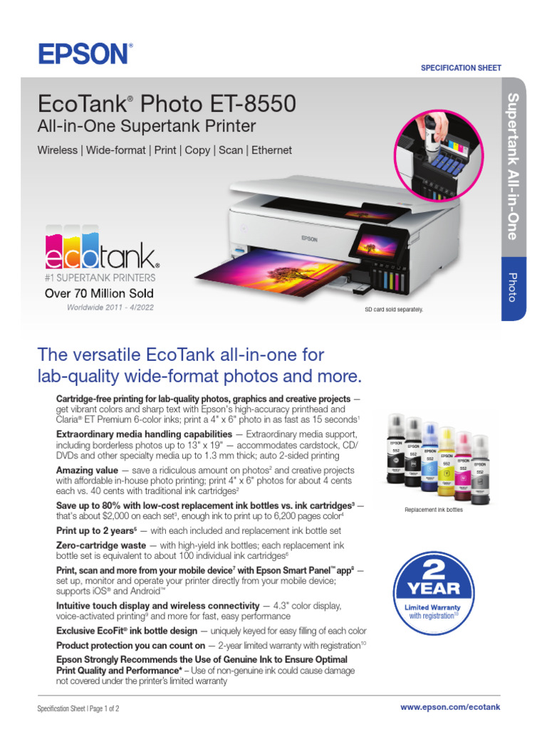 EcoTank Photo ET-8550 Printer Specification Sheet CPD-59933R4 | PDF ...