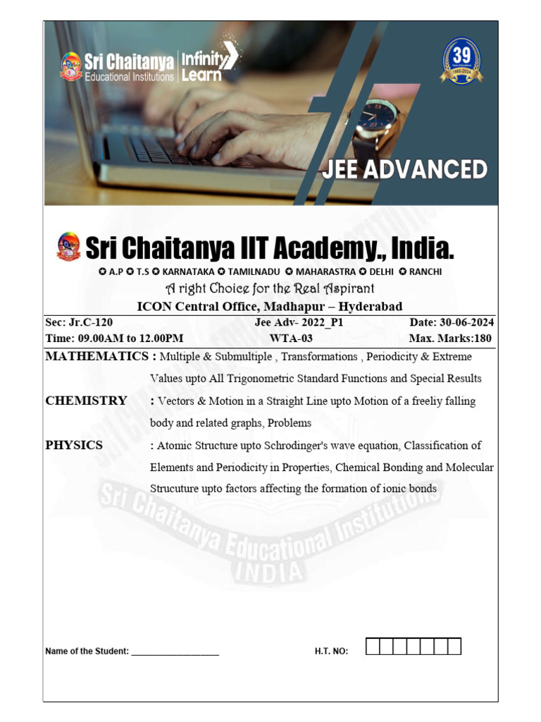 30-06-24 - Jr.C-120 - Jee Adv (2022-P1) - WTA-03 - Q.Paper | PDF | Velocity | Acceleration