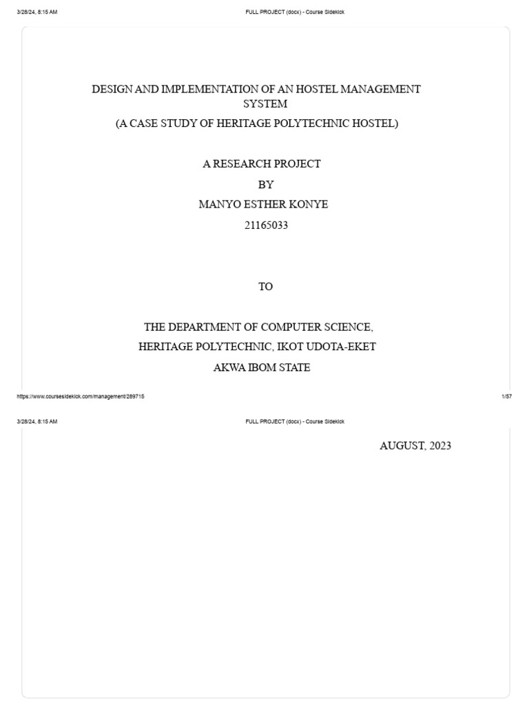 FULL PROJECT (Docx) - Course Sidekick | PDF | Hostel | Dormitory