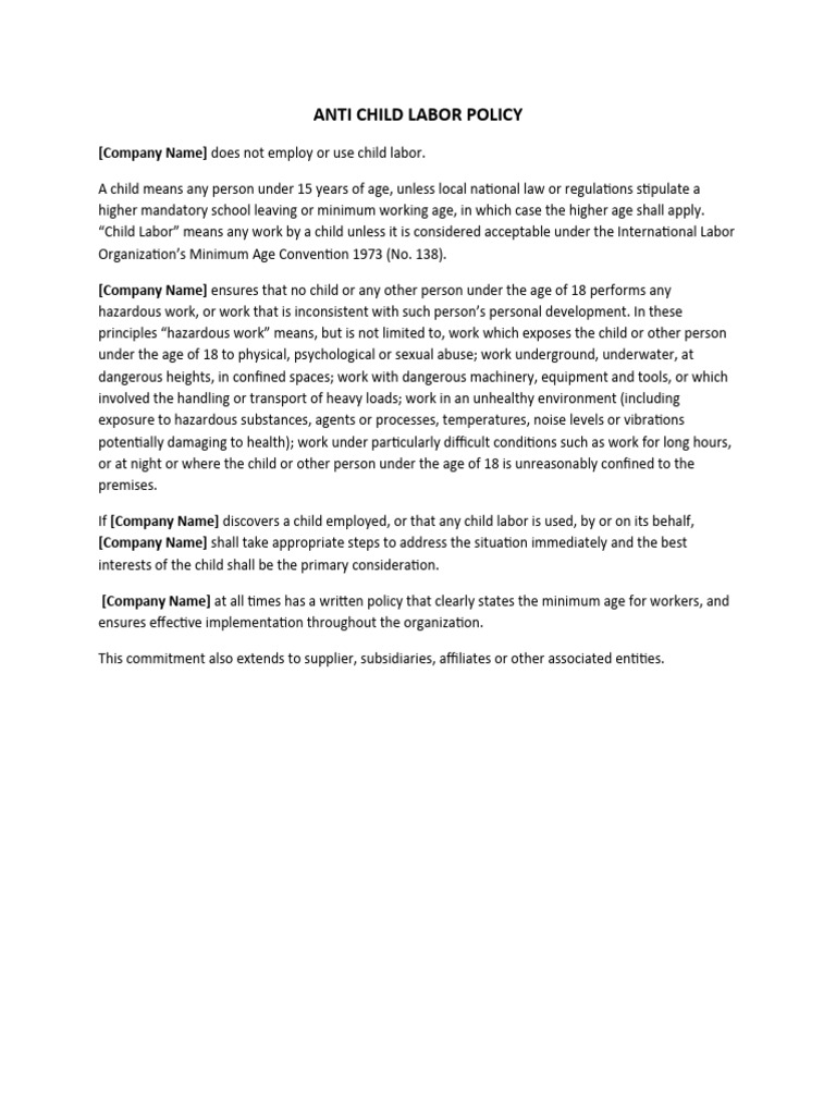 Sample Anti Child Labor Policy | PDF | Business | Wellness
