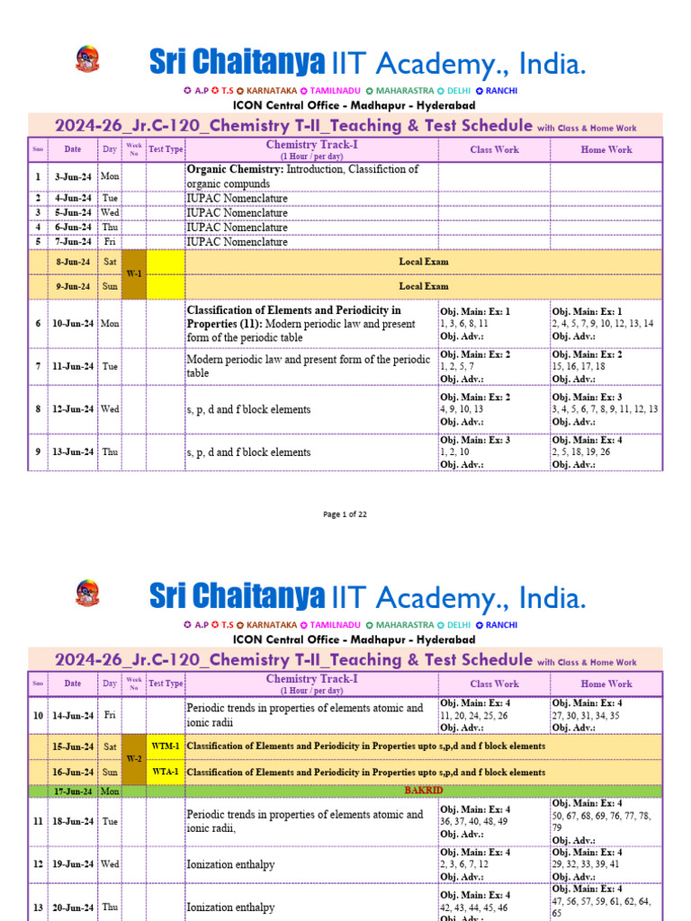 2024-26 - Jr.C-120 - Chemistry T-II - Teaching & Test Schedule With ...