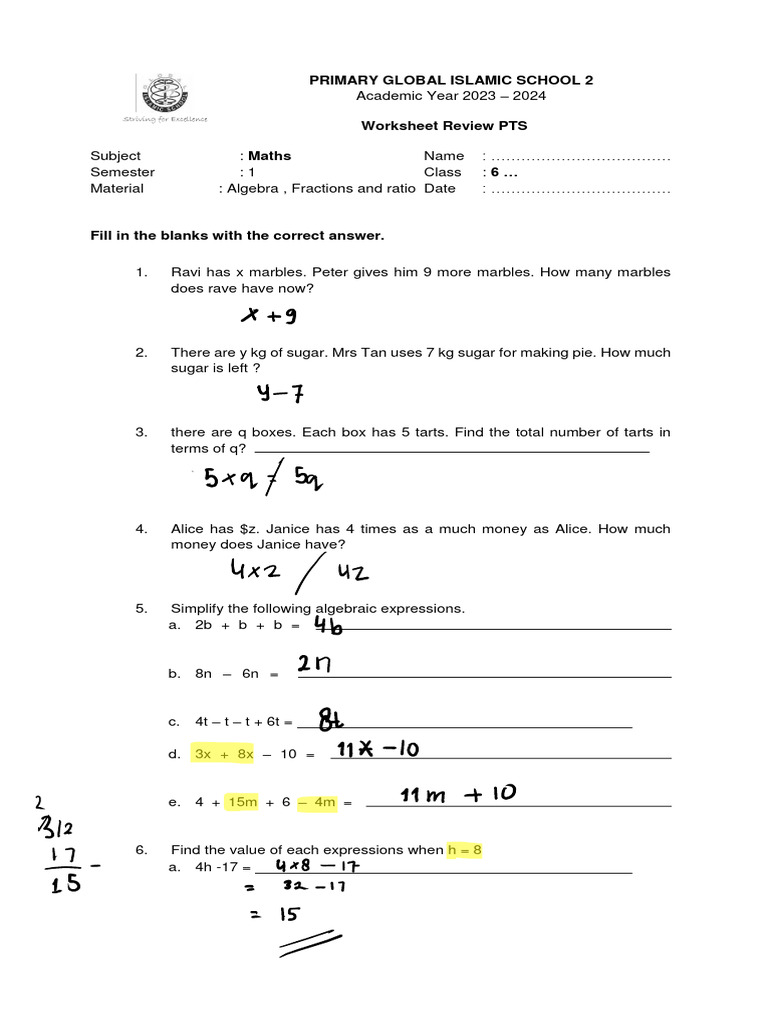 Jawaban PTS Review Algebra & Fractions | PDF | Cakes | Foods