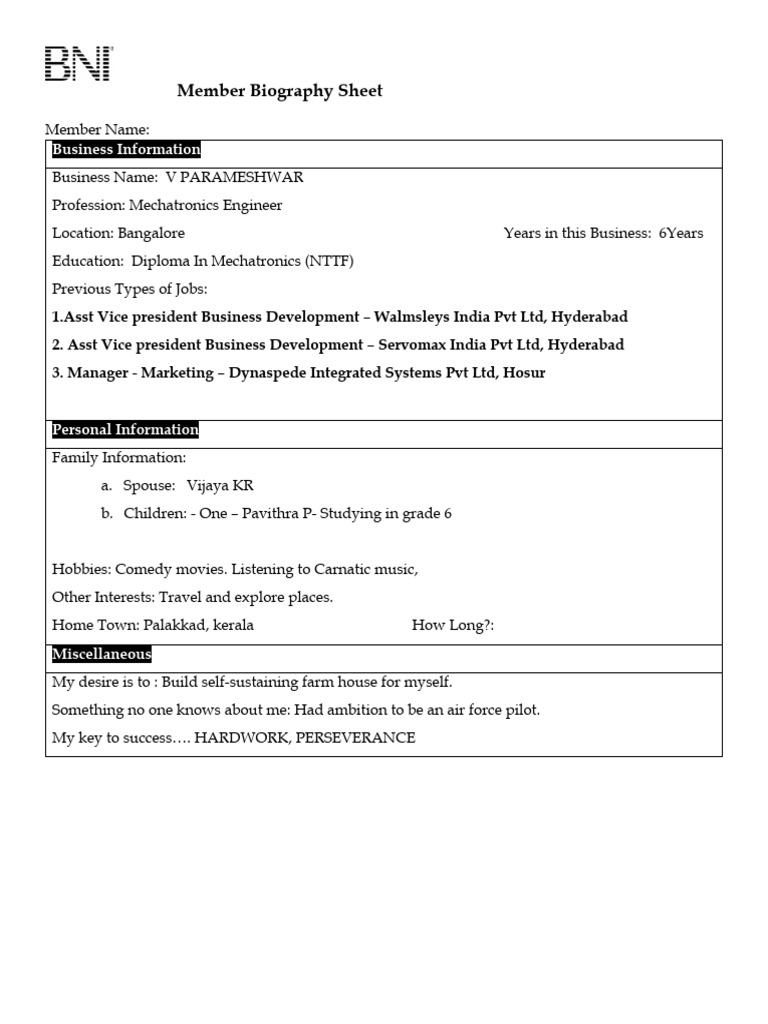 Member Biography Sheet - Parameshwar | PDF