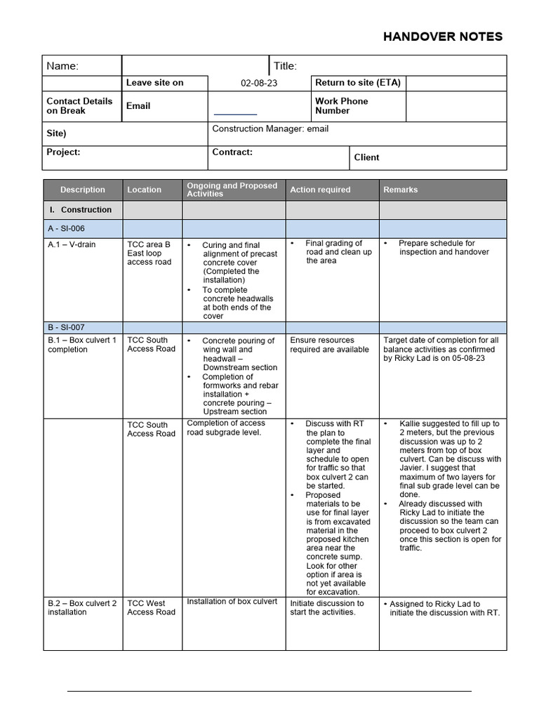 Handover of Responsibilities - Form | PDF | Concrete | Civil Engineering