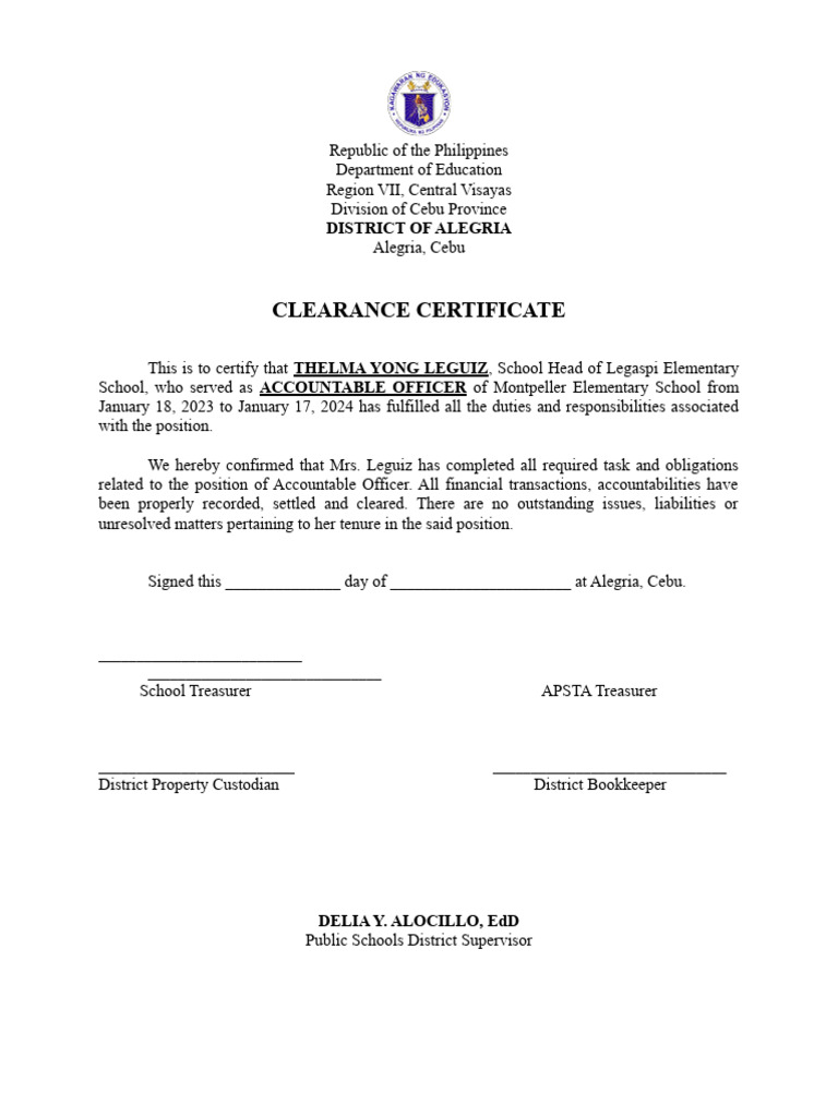 Clearance Certificate For Accountable Officer | PDF
