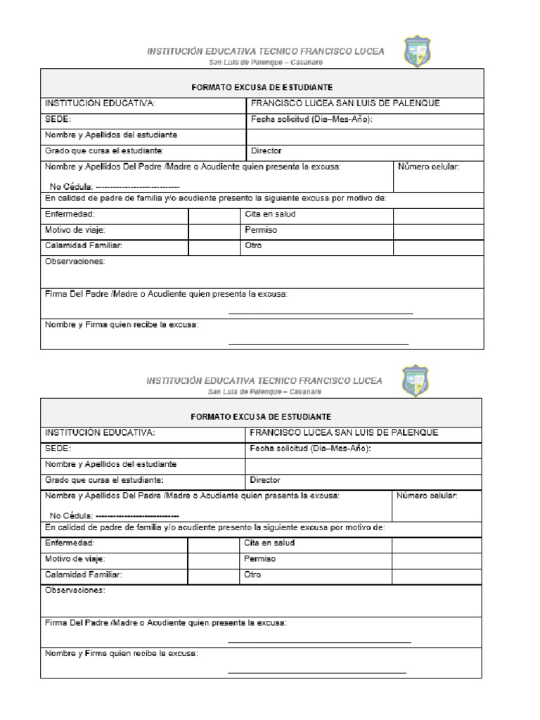 FORMATO DE EXCUSA Estudiante 2024 | PDF