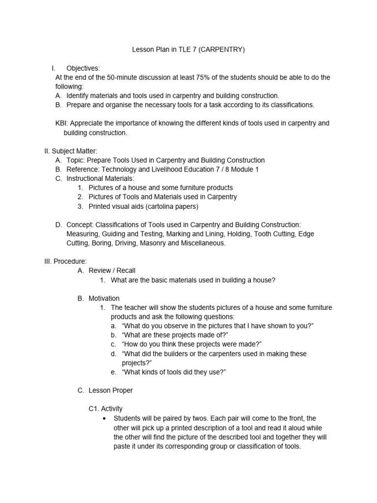 Lesson Plan in TLE 7 | PDF | Carpentry | Tools