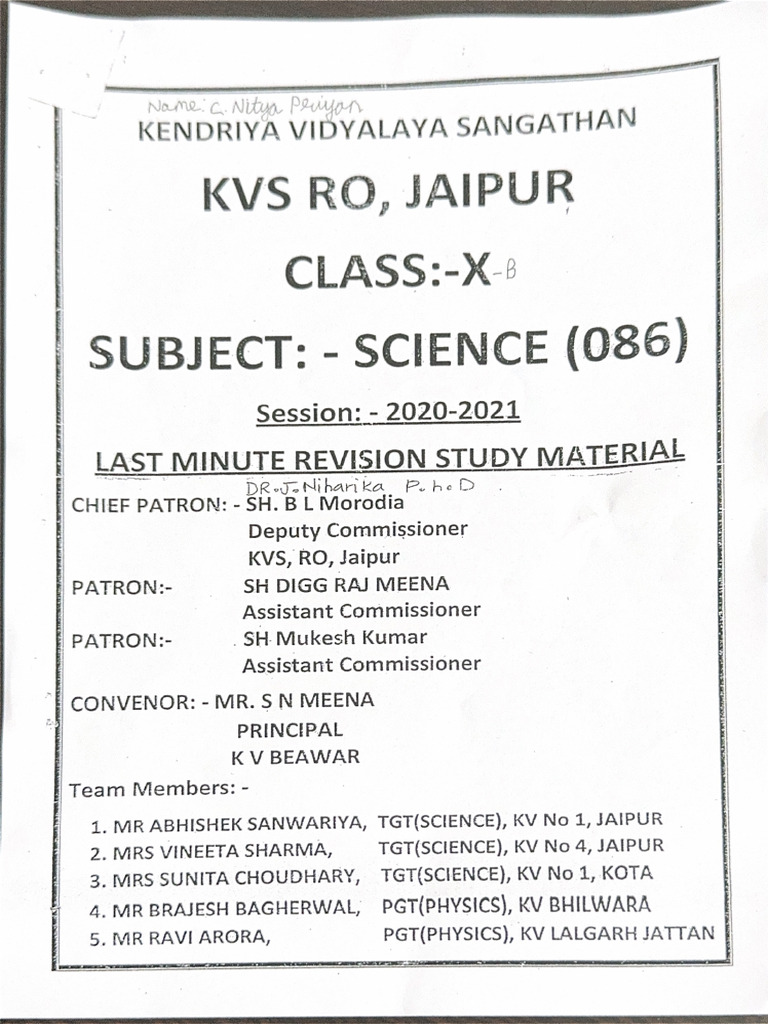 Class 10 Science Last Minute Revision Study Material Pdf