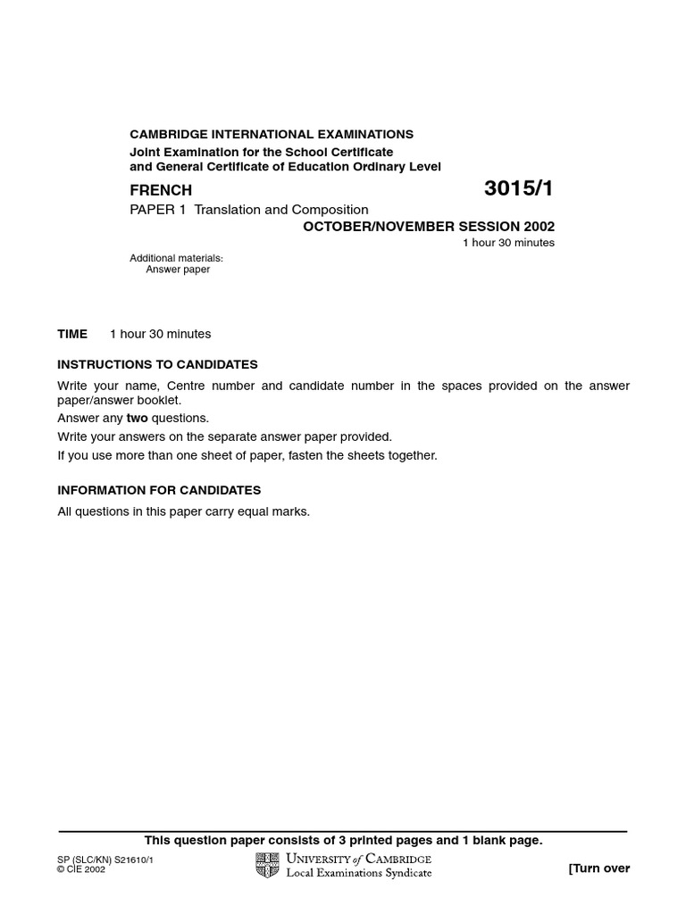 French: PAPER 1 Translation and Composition | PDF