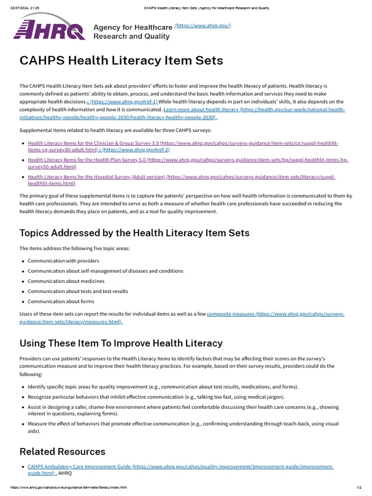 CAHPS Health Literacy Item Sets Overview | PDF | Health Care | Literacy