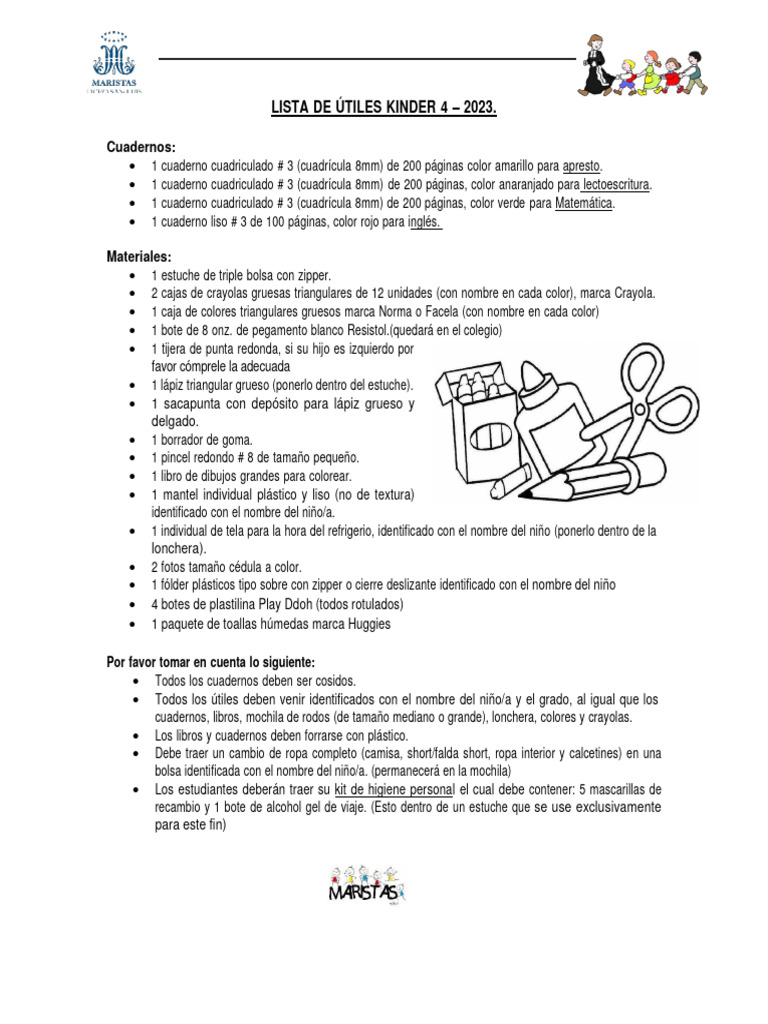 Lista Útiles Kinder 4 - 2023 | PDF