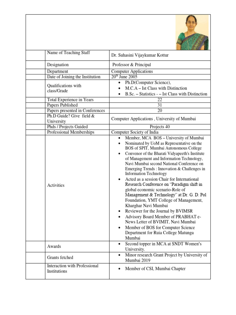 Suhasini Vijaykumar One Page Format | PDF | Doctor Of Philosophy | Inquiry