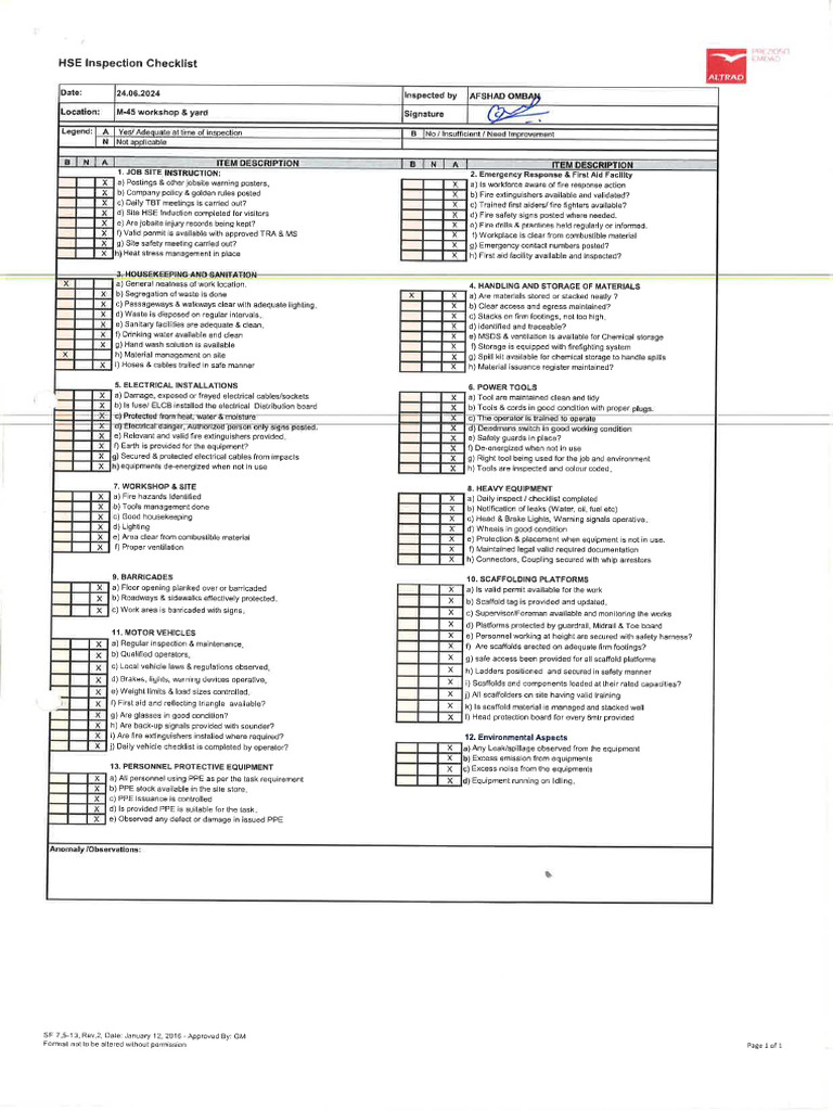 HSE INSPECTION CHECKLIST | PDF