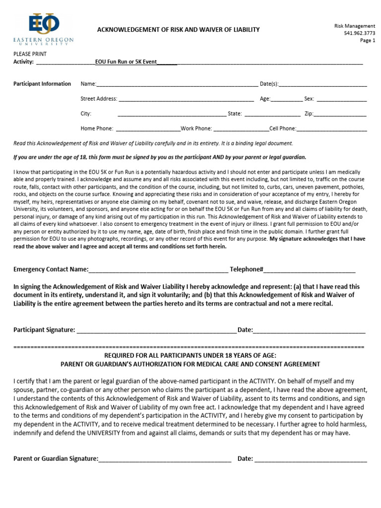 EOU 5K Fun Run Waiver Form | PDF | Informed Consent | Justice