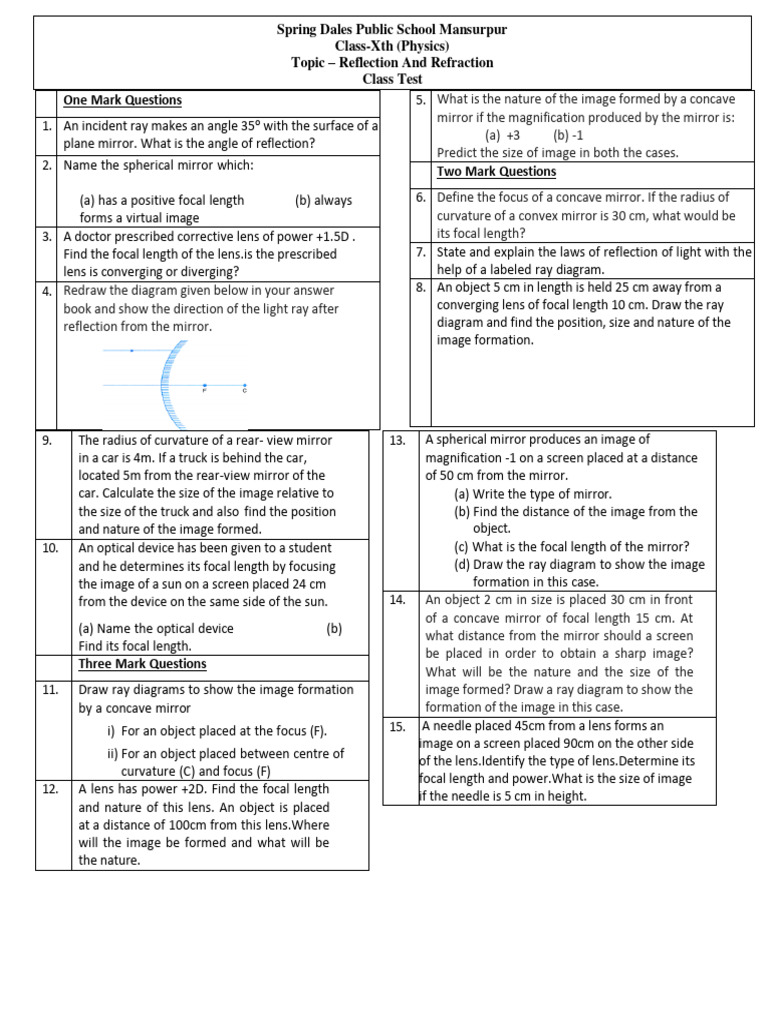 Light Relection and Refraction Test Class 10th | PDF | Mirror ...