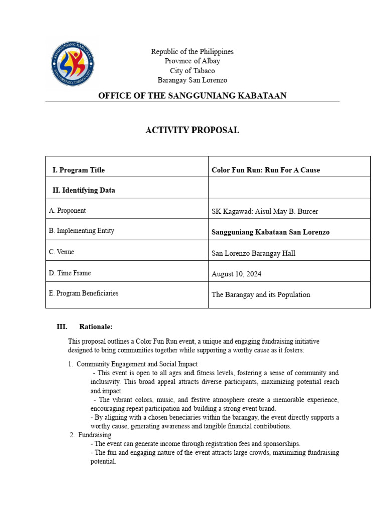 Color Fun Run Proposal for Outreach Program | PDF | Fundraising