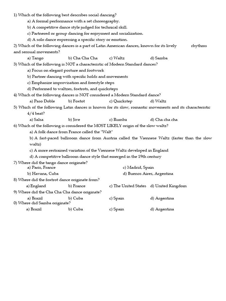 Social Dance Styles and Origins Quiz | PDF