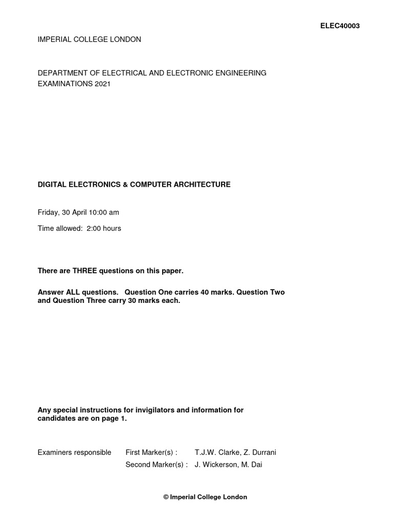 Digital Electronics and Computer Architecture ELEC40003 EXAM PAPER | PDF | Digital Electronics ...