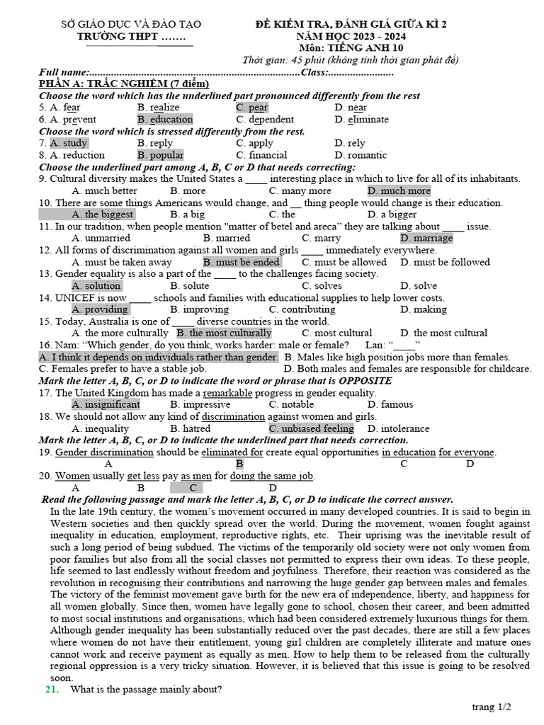 de-thi-GK2-tieng-anh-10-Global Success-De-1 | PDF | Woman | Gender