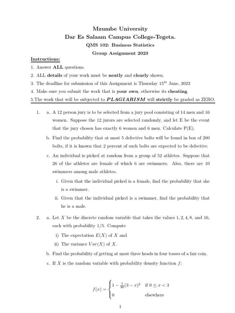 Assignment Two. | PDF | Random Variable | Expected Value Assignment Two. | PDF | Random Variable | Expected Value