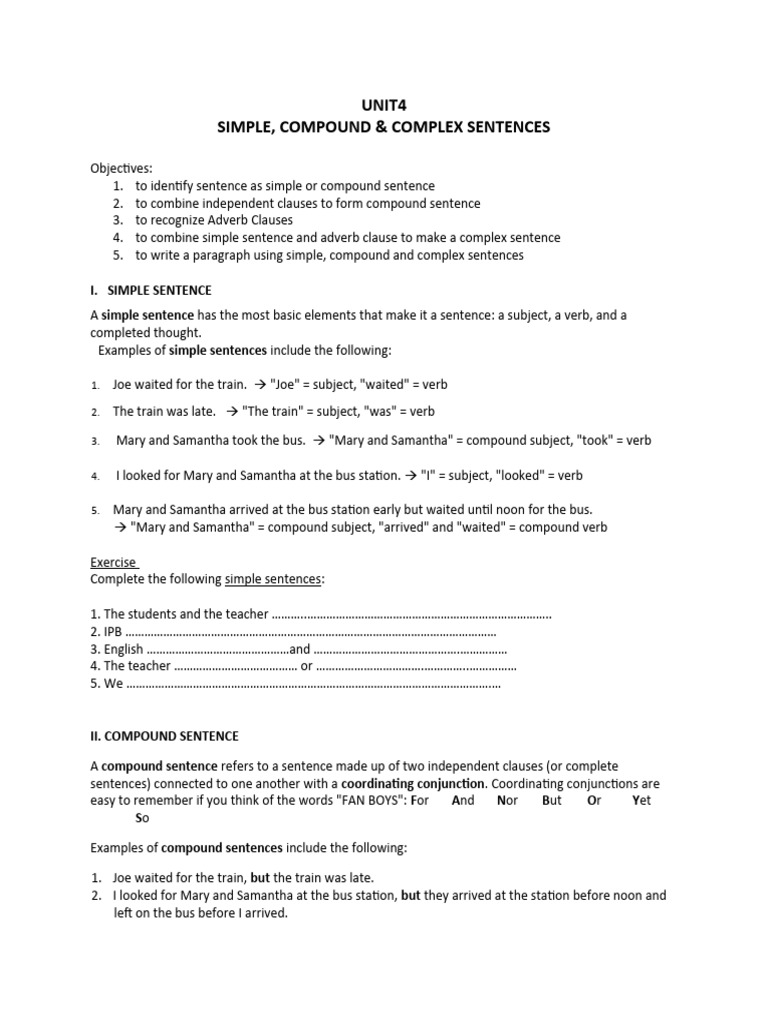 Unit 4 Compound Sentences - Irg | PDF | Adverb | Subject (Grammar)