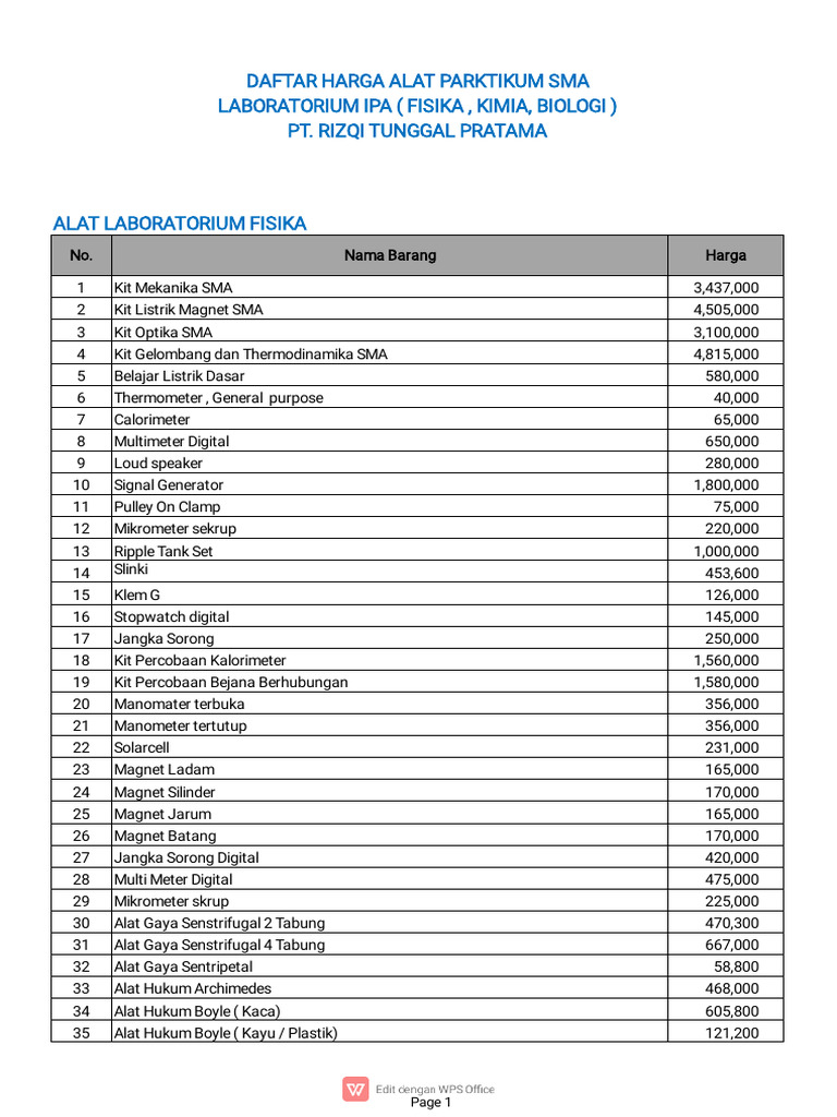 DAFTAR HARGA ALAT LAB IPA SMA CV. KHAIRINA MANDIRI terbaru 2017 | PDF