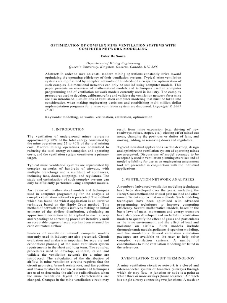 Optimization Of Complex Mine Ventilation Systems With Computer Network Modelling Pdf