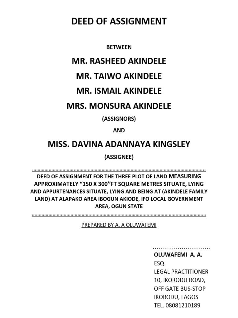 Land Assignment Deed Ogun State | PDF | Assignment (Law) | Common Law