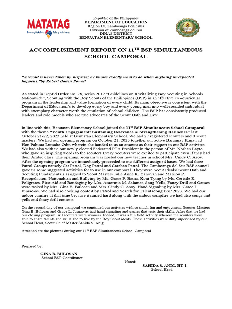 BSP Accomplishment Report | PDF | Scouting | Outdoor Recreation ...