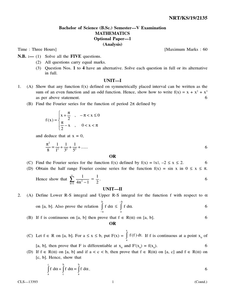 Bachelor of Science (B.SC.) Semester-V Examination Mathematics Optional ...