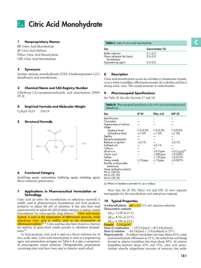 Citric Acid Monohydrate | PDF