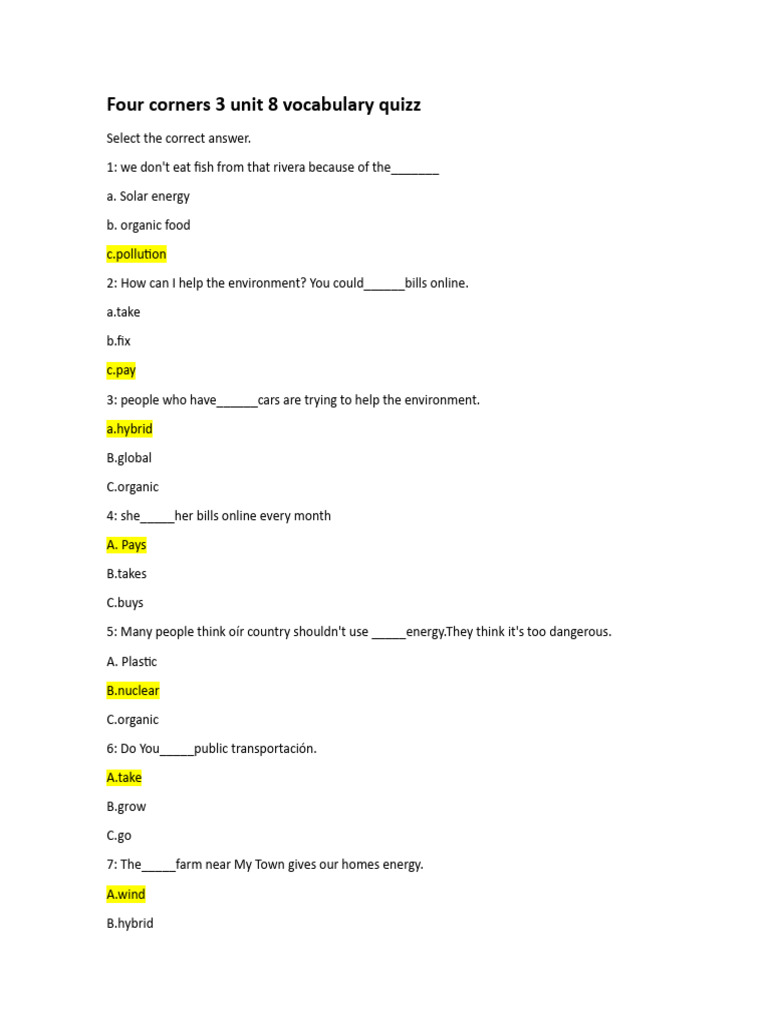 Four Corners 3 Unit 8 Vocabulary Quiz | PDF | Social Science ...