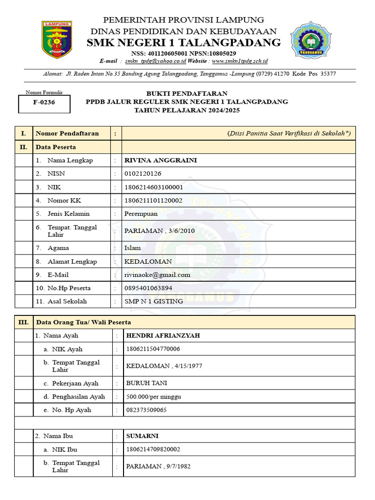 F-0236 Formulir Pendaftaran PPDB SMKN 1 Talangpadang 2024-2025 RIVINA ...