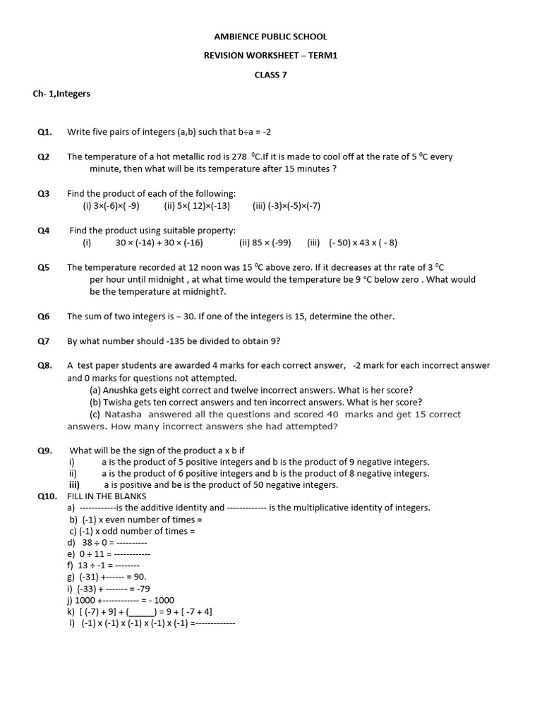 Revision Worksheet - Integers | PDF | Number Theory | Mathematics