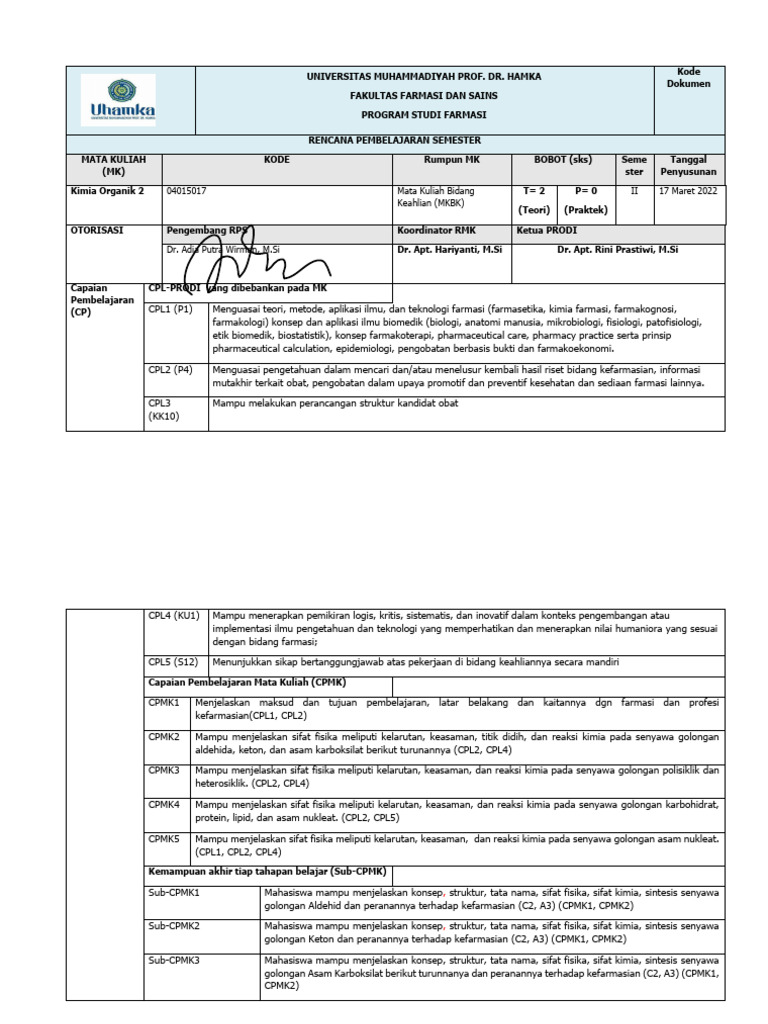 RPS Dan RTM Kimia Organik 2 (29mart2022) | PDF | Sains & Matematika