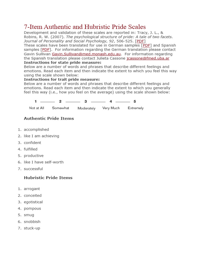Authentic vs Hubristic Pride Scales | PDF