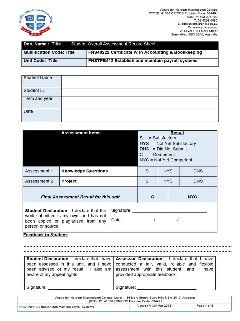 FNSTPB412 Student Overall Assessment Record Sheet | PDF