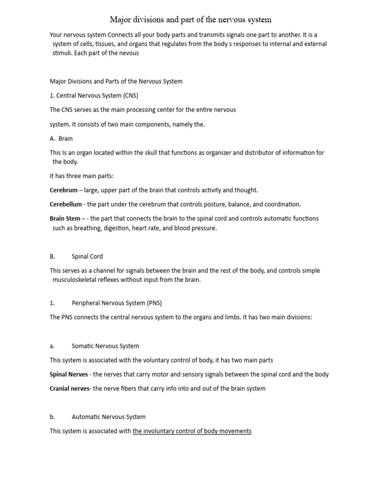 Major Divisions and Part of The Nervous System | PDF