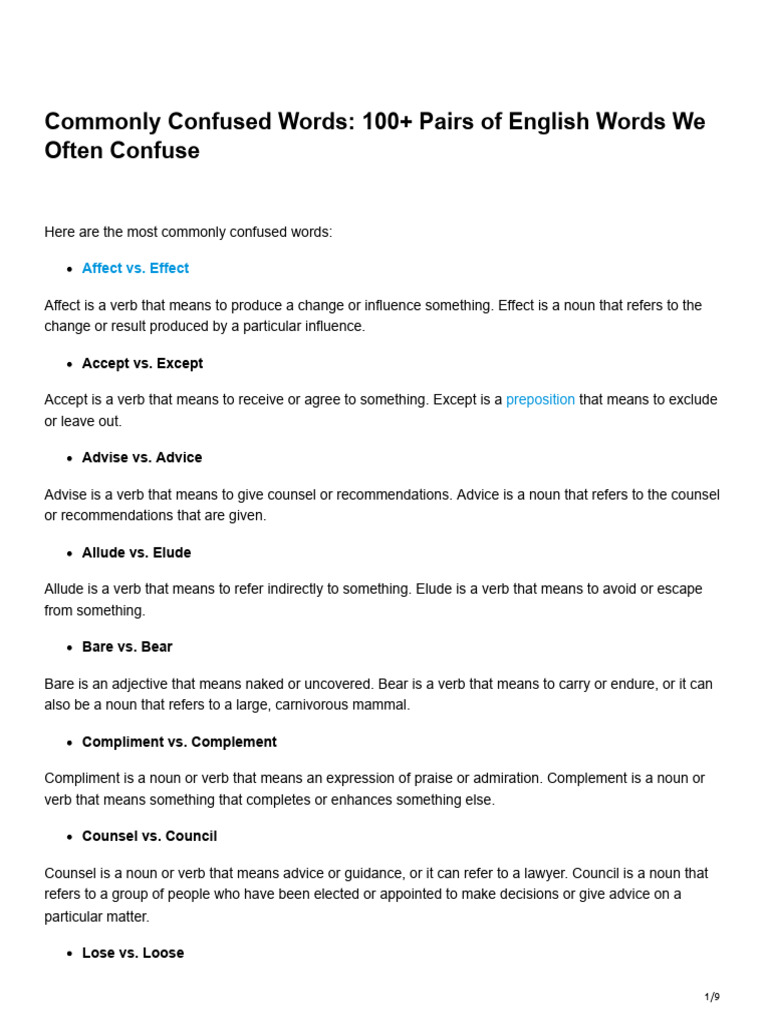 Commonly Confused Words 100+ Pairs of English Words We Often Confuse ...