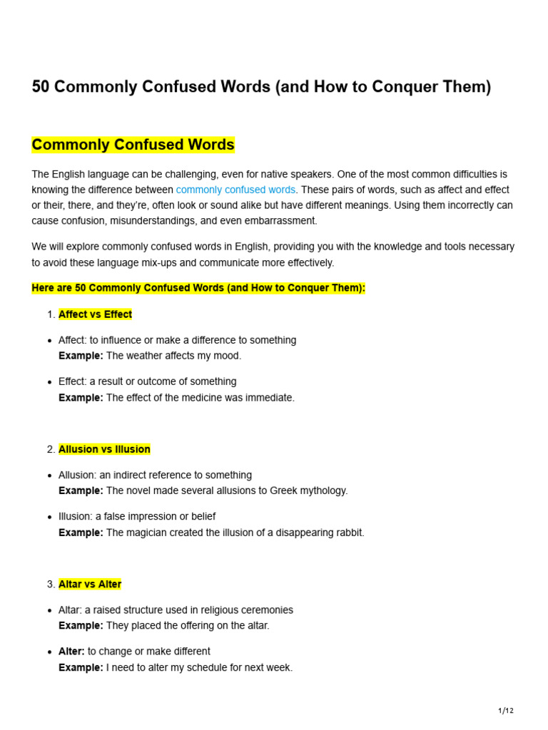 50 Commonly Confused Words (And How To Conquer Them) | PDF | Breathing ...