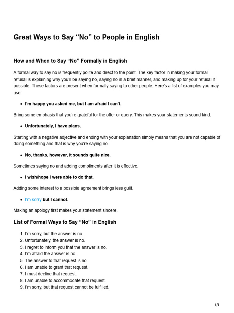 Effective Ways to Say "No" in English | PDF | Psychology ...