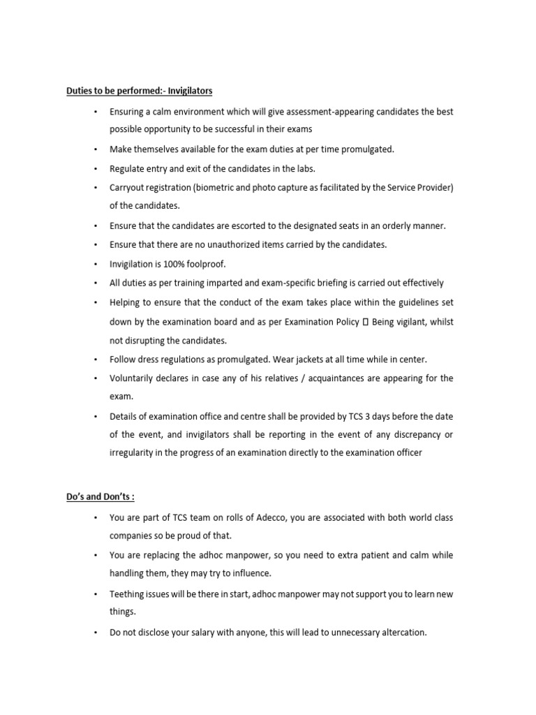 9a8b717c - Duties For The Post of Invigilator in Adecco India LTD | PDF | Business