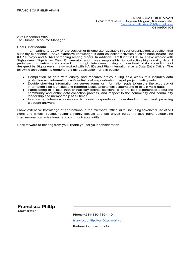 Enumerator Cover Letter by Francisca Vivan | PDF | Data