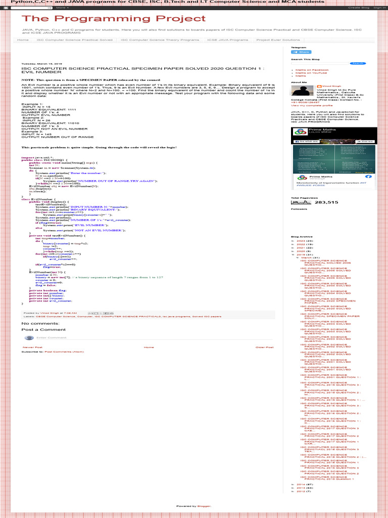 The Programming Project Isc Computer Science Practical Specimen Paper Solved 2020 Question 1 ...