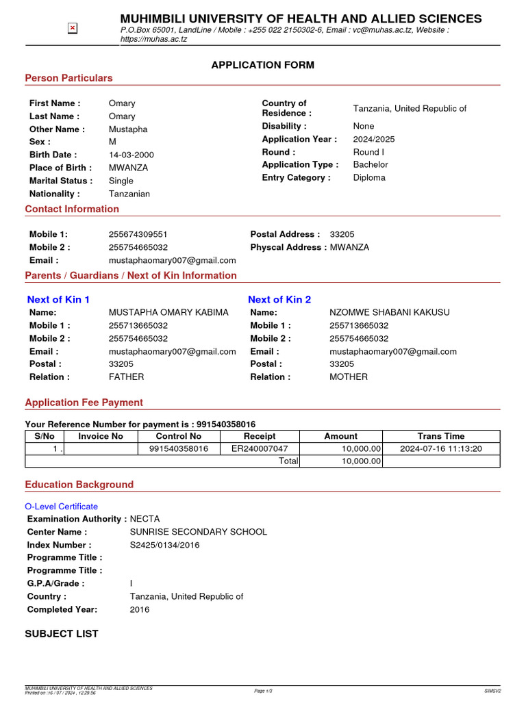Muhas Application - Form Omary | PDF | Health Care | Medicine