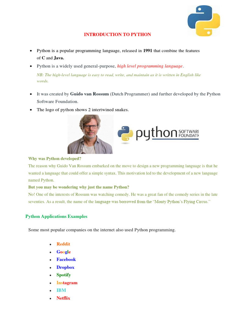 Introduction To Python Pdf Python Programming Language Source Code 9579