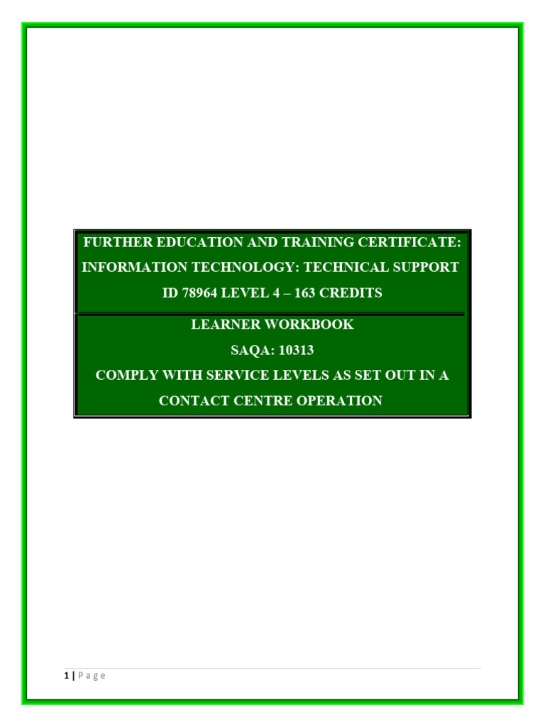 SAQA - 10313 - Learner WorkBook | PDF | Service Level Agreement | Cognition