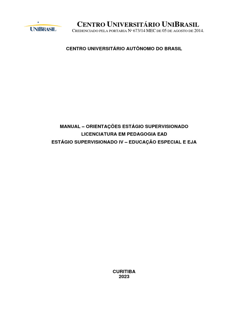 Manual De Estágio Estágio Supervisionado Iv Educação Especial E Eja