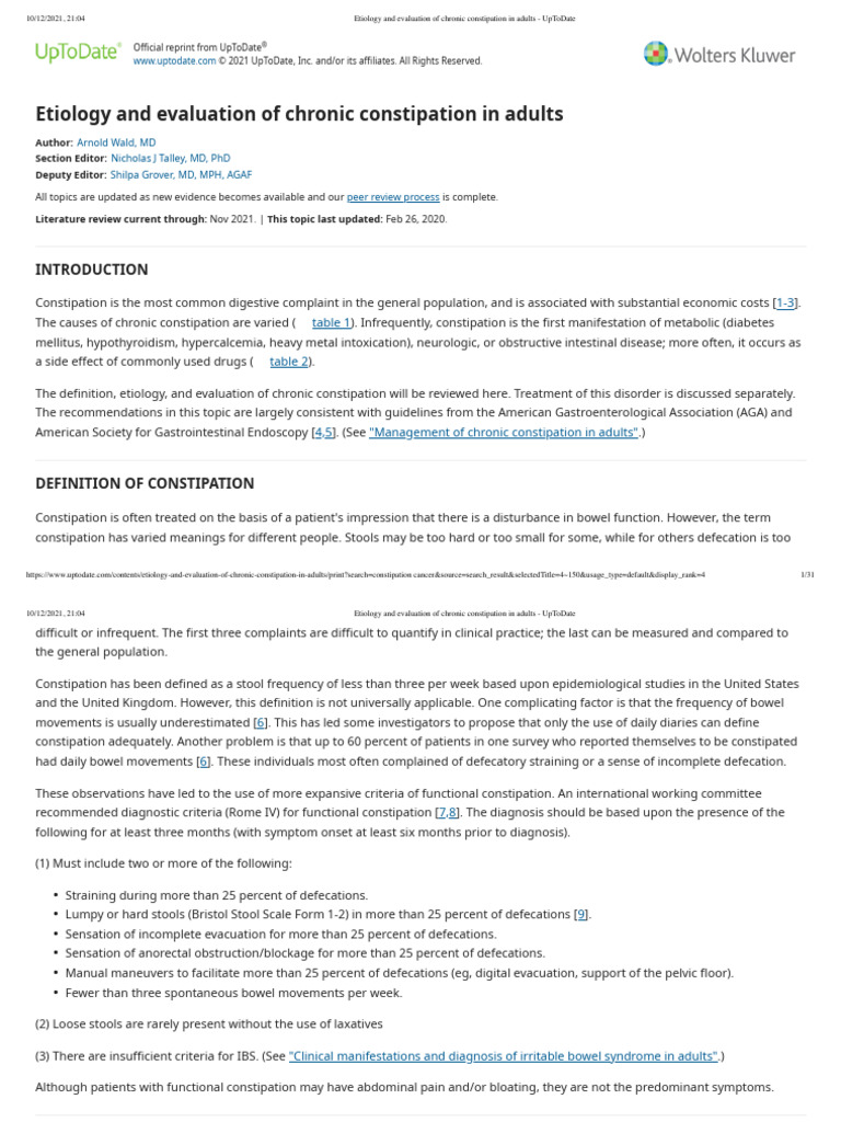 Etiology and Evaluation of Chronic Constipation in Adults - UpToDate | PDF | Constipation | Rectum